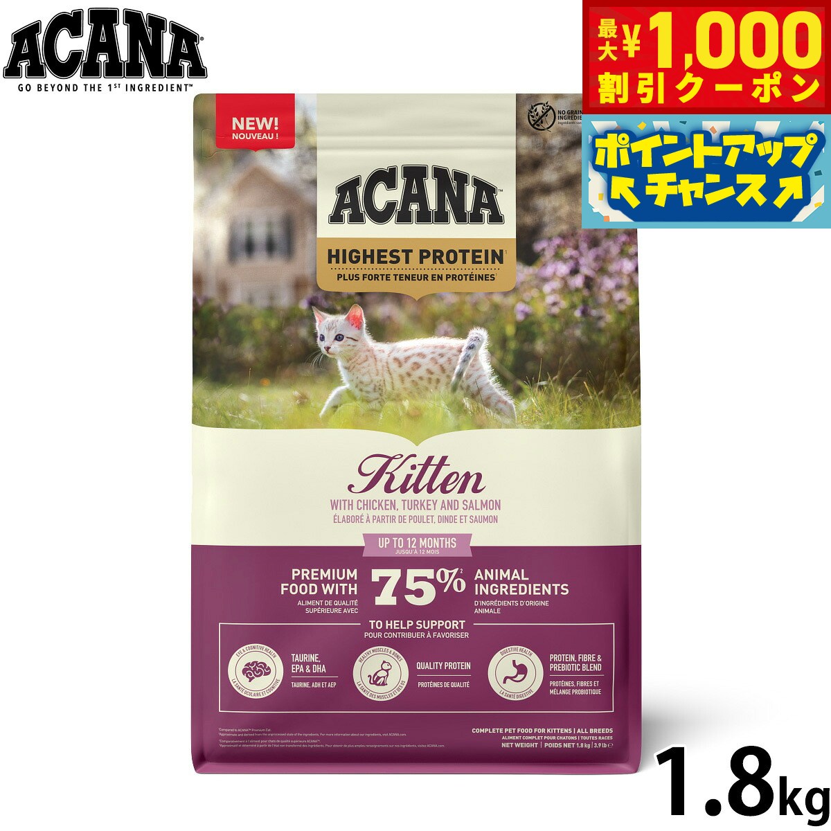 「アカナ キトゥン」は、放し飼いでのびのび育った鶏肉、七面鳥などの家禽類やサーモン、ニシンなどの魚を中心に良質な動物原材料を使用し、タンパク質が豊富で栄養価が高いことが特徴です。また、肉、内臓、軟骨、骨をホールプレイ比率※で配合しており、子...