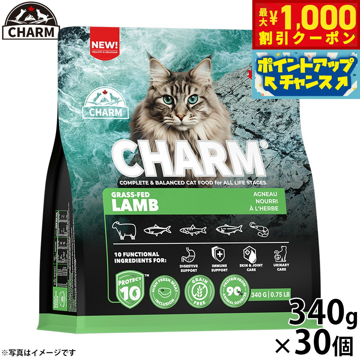 新鮮ラム肉をはじめ、栄養と美味しさを追求し、肉と機能性原材料を豊富に使用したレシピを作りあげました。商品名チャーム CHARM グラスフェッドラム キャットフード グレインフリーブランドCHARM原材料新鮮ラム肉（20%）、ラムミール（10...