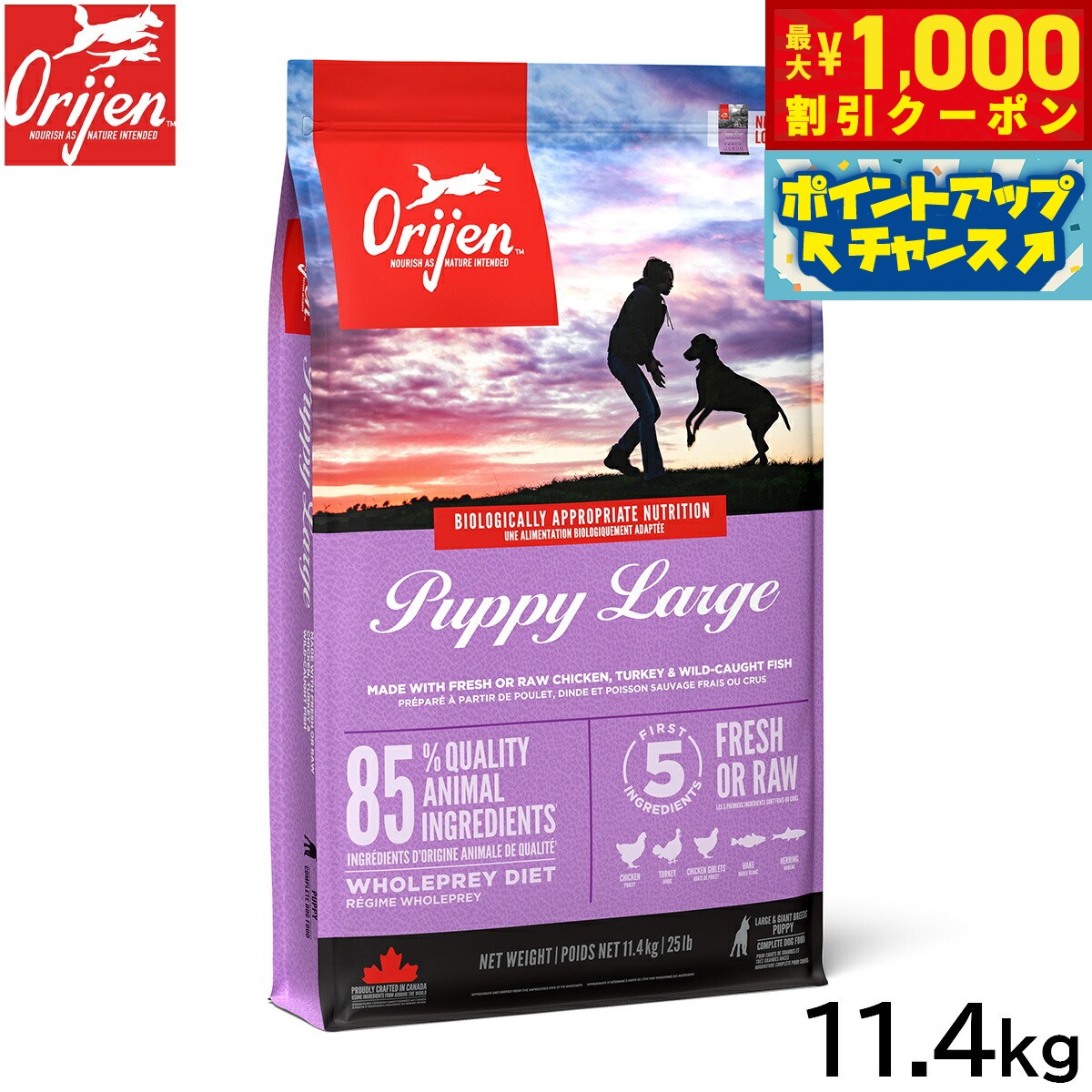 高たんぱくで低カロリーなオリジン・パピーラージは放し飼い鶏肉や七面鳥、自然の海で漁獲された魚、巣に産み落とされた卵など新鮮食材を使用しており、子犬が本来必要とする良質なたんぱく質と脂肪を豊富に含んでいます。商品名オリジン Orijen ドッ...
