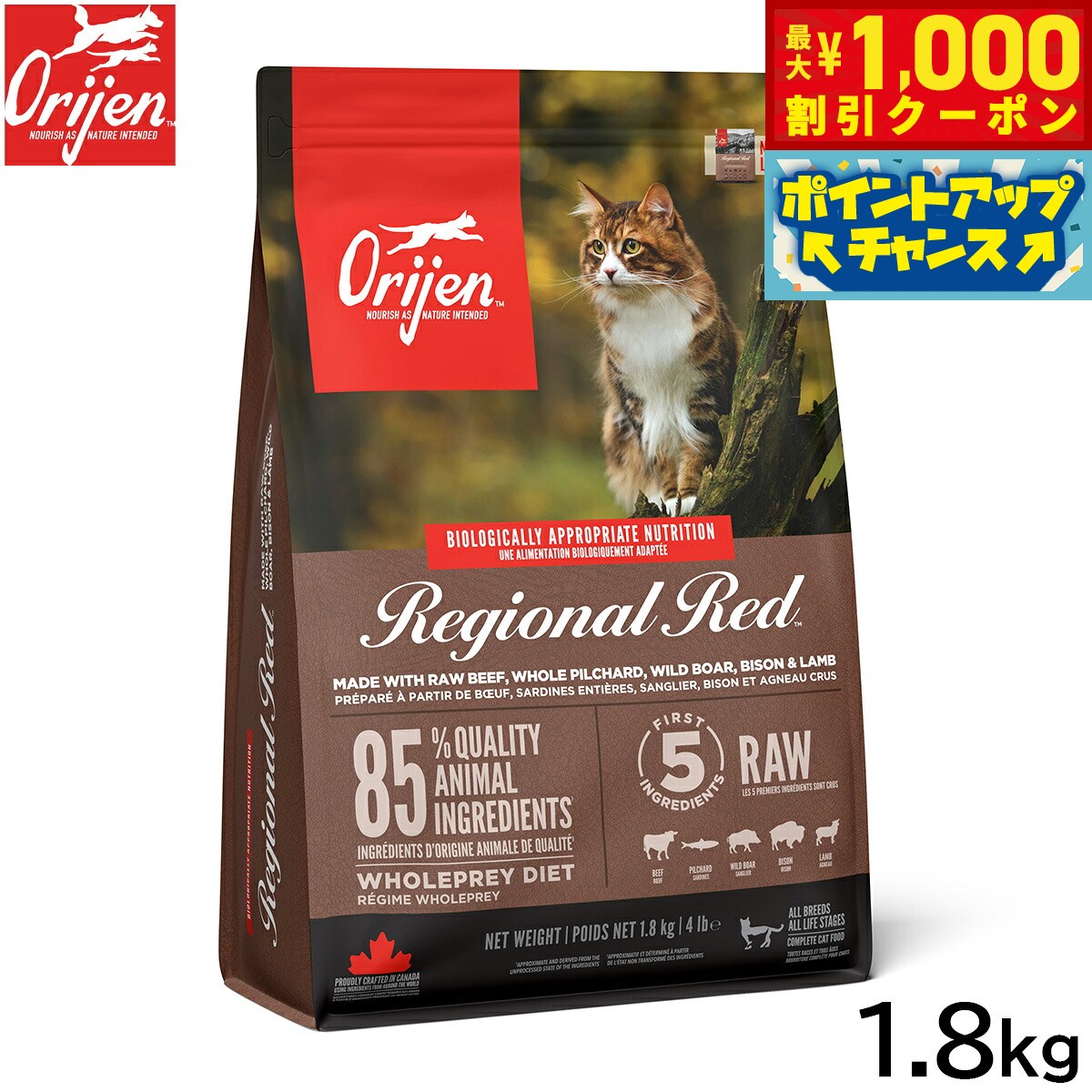 オリジンレジオナルレッドは、地元で放牧飼育されたアンガスビーフ、ボーアヤギ、ラム、ヨークシャ豚の新鮮肉をホールプレイ比率で使用し、愛猫に必要な栄養をたっぷり含む製品です。商品名オリジン Orijen キャットフード レジオナルレッド キャッ...