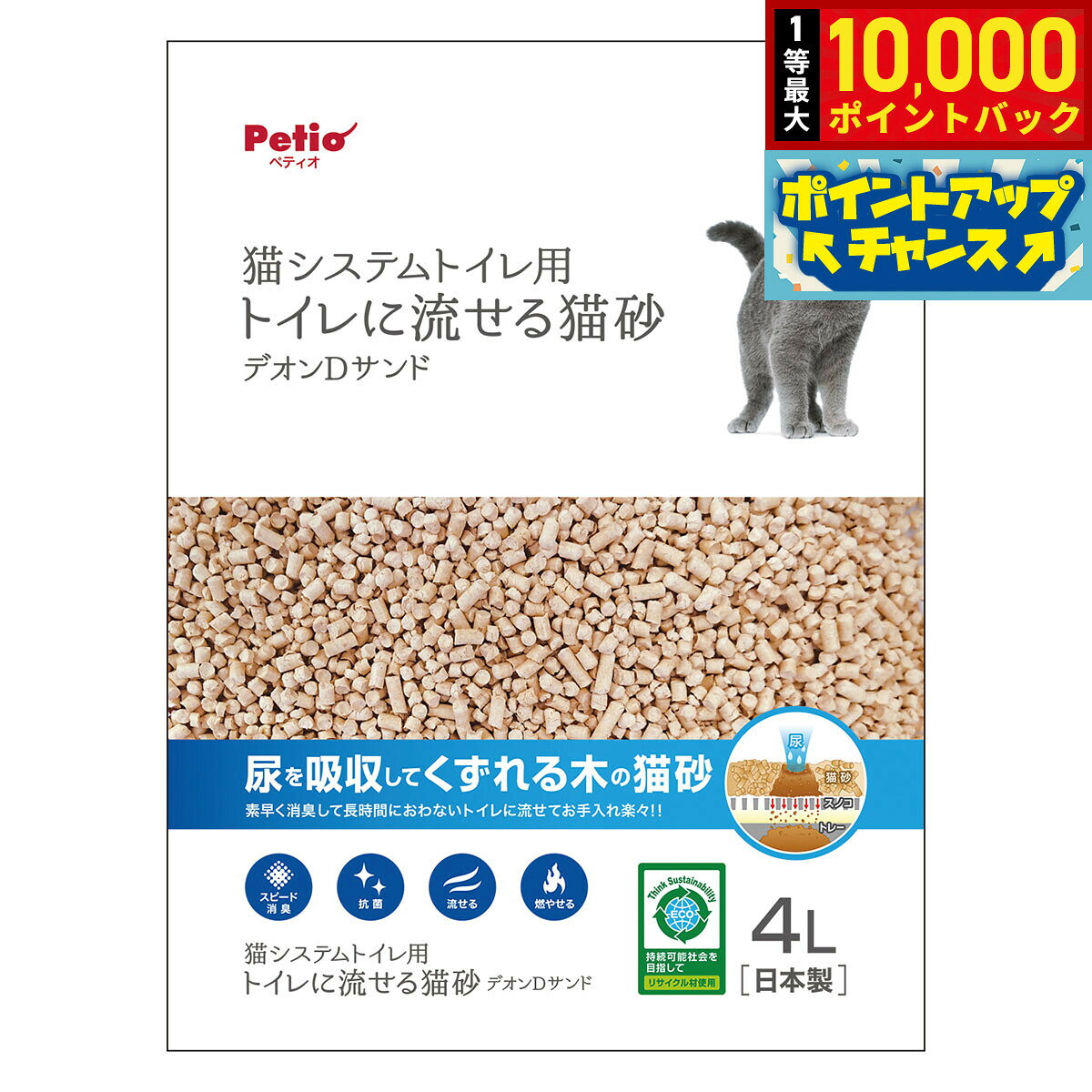 尿を吸収し崩壊してくずれる猫砂です。瞬間的な消臭力のあるデオンDという猫砂専用の消臭剤が入っているため、消臭力が高いです。トイレに流せてお手入れ楽々。可燃ごみとしても処理できます。商品名Petio ペティオ システムトイレ専用 トイレに流せ...