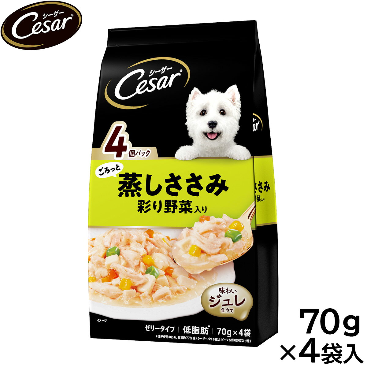 いつものごはんに もっとおいしさと喜びを。低脂肪なささみをふっくら蒸して低カロリー*に仕上げました。丁寧な調理で素材のおいしさをそのまま閉じ込めました。（*シーザーパウチ成犬 ビーフ＆彩り野菜入り比28%減）商品名シーザー ドッグフード パ...
