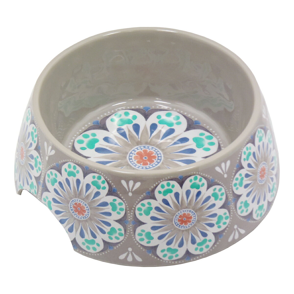 華やかなプリントが目を引くメラミン樹脂ボウル。食べやすくひっくり返りにくい富士型、底部にはすべり止めのゴム付きでカタカタ音を防ぎます。柄の中にはパウマークがデザインされています。耐熱温度120℃。電子レンジ使用不可。食器洗い機使用可。BPA...