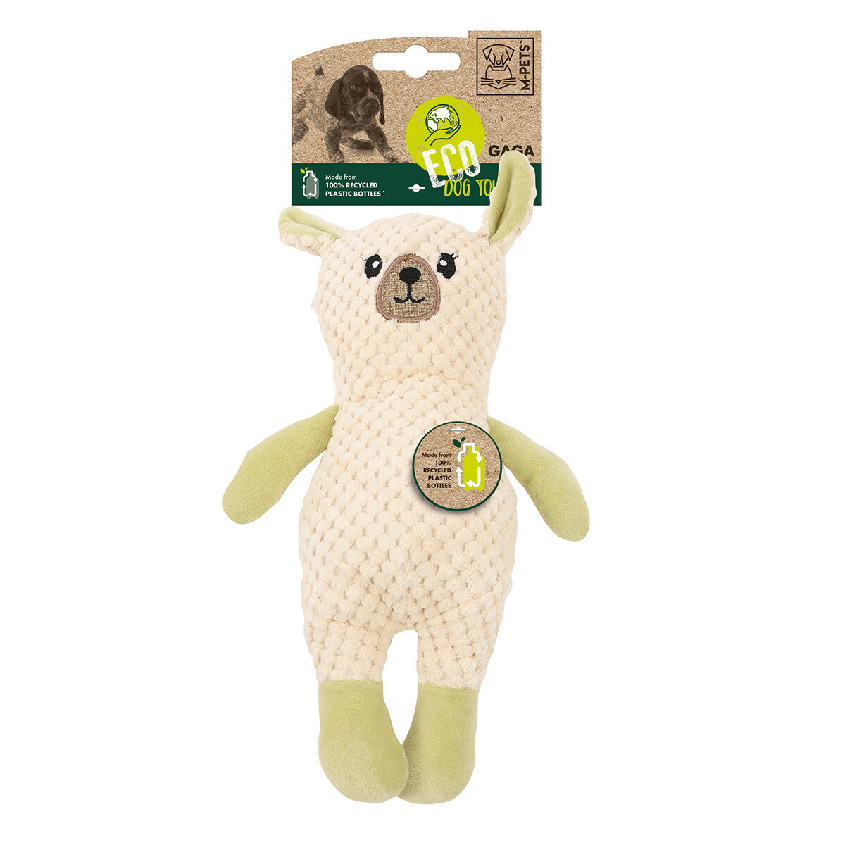 リサイクルペットボトルの繊維より作られている環境にやさしいエコ製品です。大きめサイズで丈夫なのであらゆるサイズのわんちゃんにおすすめ。丈夫なロープ部分を噛むことでストレス発散＆歯磨き効果も期待できます。商品名M-PETS ECOドッグトイ ...