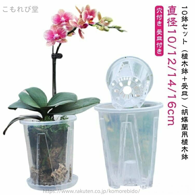 直径10/12/14/16cm10鉢セット（植木鉢＋受皿）/胡蝶蘭用植木鉢鉢底とサイドに穴がたくさん空いているため通気性に優れています。鉢の中についた柱は胡蝶蘭の根腐れを防止できます。観葉植物の植え替えにお勧め！透明なので、生育中の根の動き...