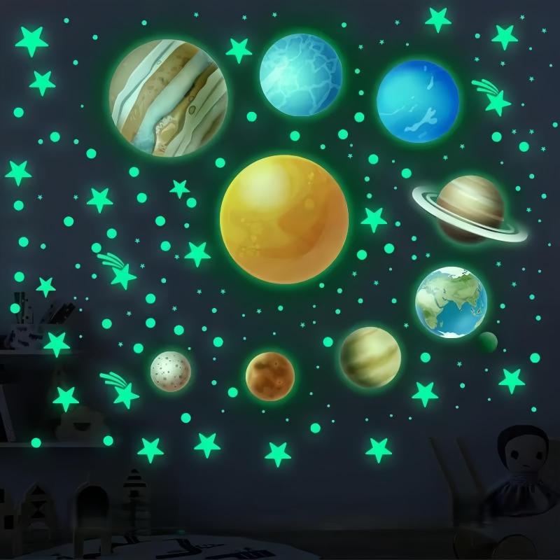 Moruna 蓄光シール 蛍光シール 夜光仕様 九大行星・ドット・星型デザイン 子供部屋・幼稚園・教室用ステッカー 暗闇で光る星空インテリア ("グリーン発光 太陽系惑星 ")【安心安全な環境配慮素材】ホルムアルデヒドや...