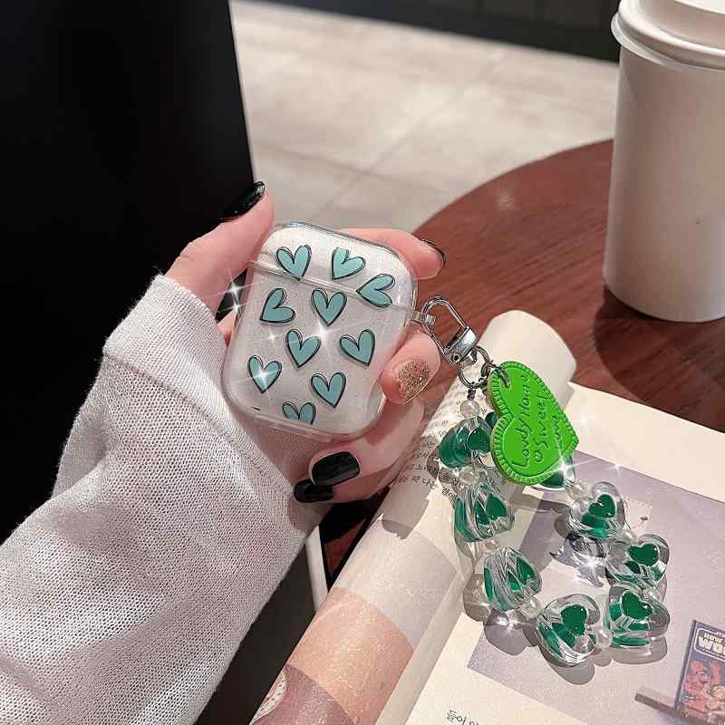 Airpods 1 Airpods 2 対応 ケース クリア おしゃれ, CrazyLemon かわいい ブルー ハート 贅沢 グリーン ブレスレット 付き 女性 人気 デザイン 薄い シリコーン 透明 エアーポッズ 1/2 ケース [fo...