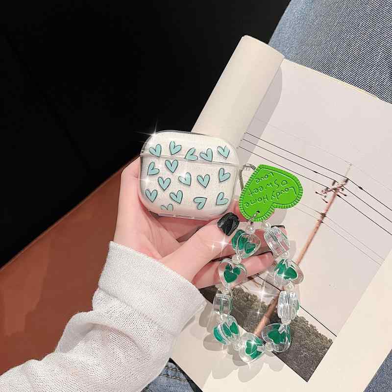 Airpods 3 対応 ケース クリア おしゃれ, CrazyLemon かわいい ブルー ハート 絵柄 贅沢 グリーン ブレスレット 付き 女性 人気 デザイン 薄い シリコーン 透明 エアーポッズ3 ケース [for Airpods ...