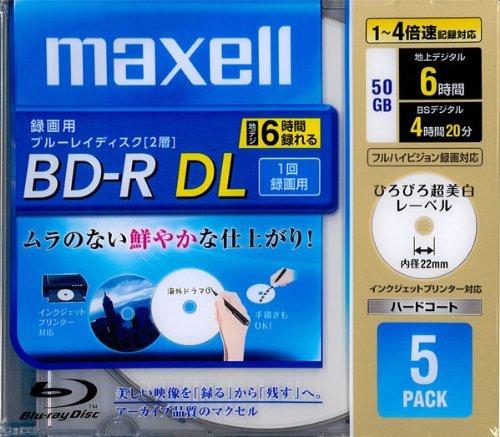 日立マクセル 1回録画用BD-R DL 追記型 片面2層50GB 4倍速 ホワイトプリンタブル 5枚パック BR50VFWPB.5S [PC]規格：-R容量(GB)：50種類：AV用 / 記録面：片面2層 / 6倍速盤面印刷：可 / 印刷面...