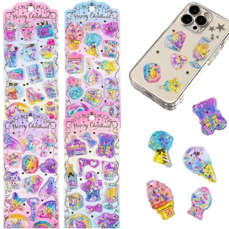 ウォーターシール 3D立体 ぷにぷに ステッカー 水入り 4枚セット スパンコール入り キラキラ 可愛い ごほうびシール 動物 キャラクター 手帳 デコシール アルバム スマホケース 水筒 ノート 【強粘着＆高品質素材】 しっかり貼れて、剥...