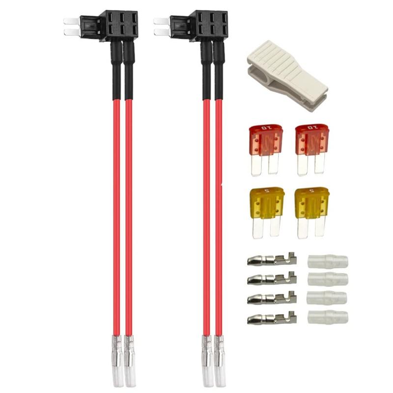 Kiligen 4個12V 24V Micro2小型回路ヒューズタップ キット、ワイヤーハーネス付き自動車フラットタイプブレードヒューズホルダー、6個 Micro2 ブレードヒューズ(5A/10A/15A各2) +1個ヒューズプラー