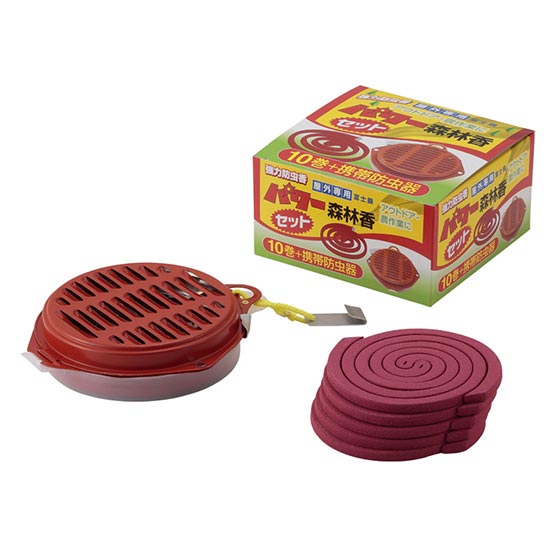 パワー森林香10巻（黄色の太巻き線香）と、携帯防虫器をセットにしました。これ一つで、農作業からアウトドアまで幅広くご使用頂けます。お買い求め易いエントリーアイテムですので、初めての方にお勧めです。通常の線香と比べて、効力をアップしており、厚...