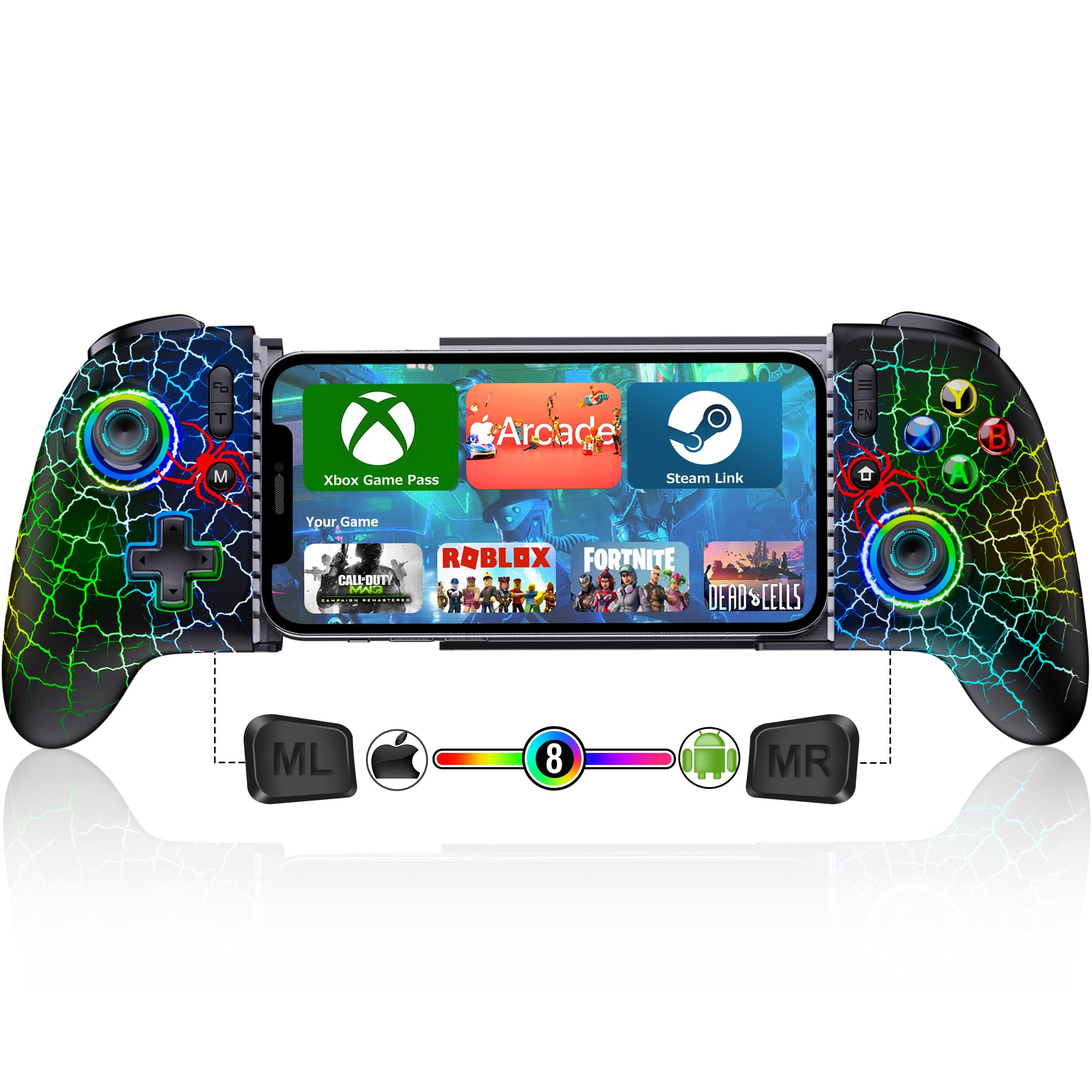 ・【RGBとデッドゾーンのないワイヤレスiPhoneゲームコントローラー】「HOME」を押すだけで、Bluetooth経由でiPhoneとコントローラーを接続できます。この携帯スマホ用ゲームコントローラーには、レインボーと8つの単色LEDモ...