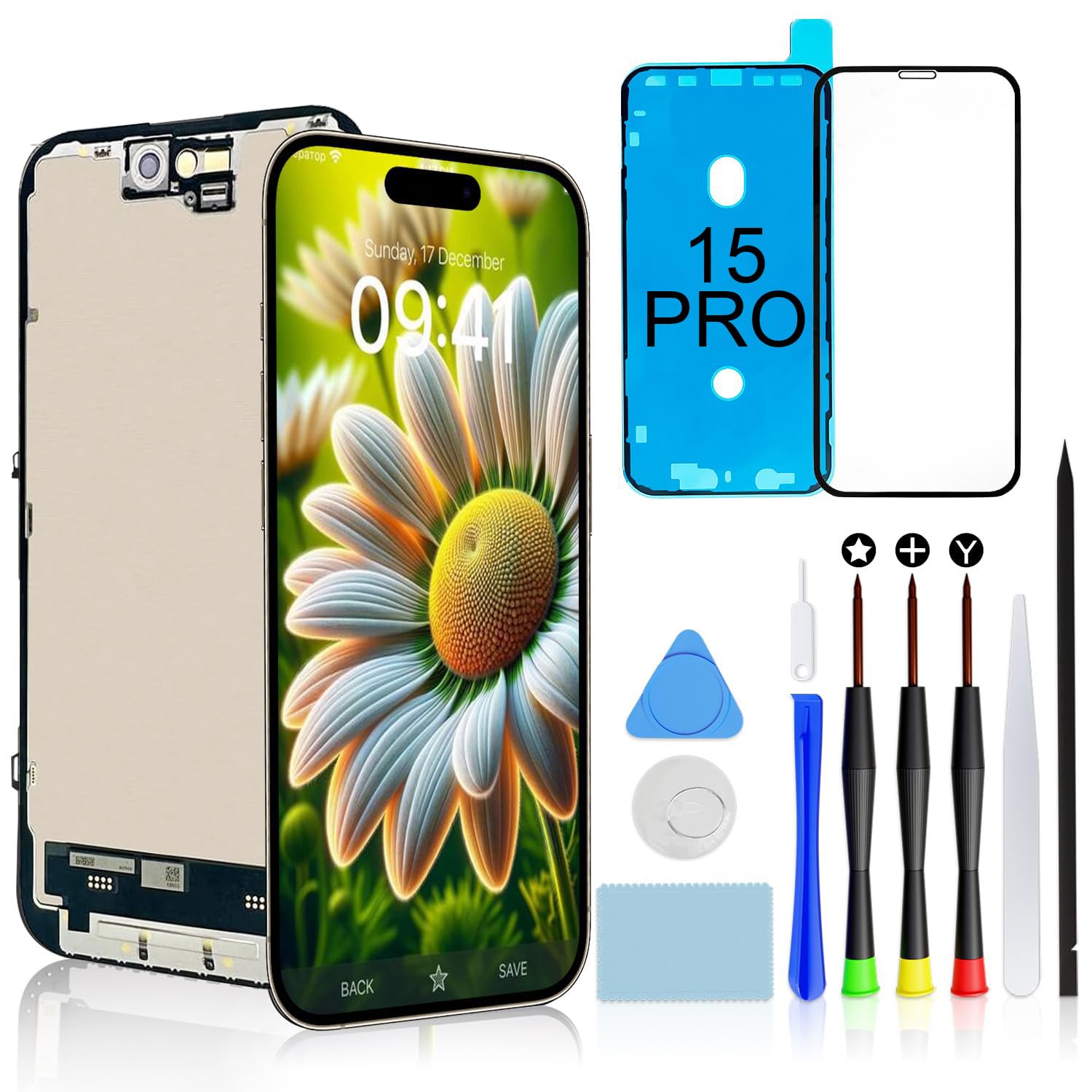 ・・対応機種：iPhone 15 Pro 6.1インチ画面専用（ A2848, A3101 A3102, A3104）。・・プレミアム品質：iPhone 15 Proの液晶画面は最新のCOF製造技術を使用し、超高輝度でフルHD、高彩度、高反...
