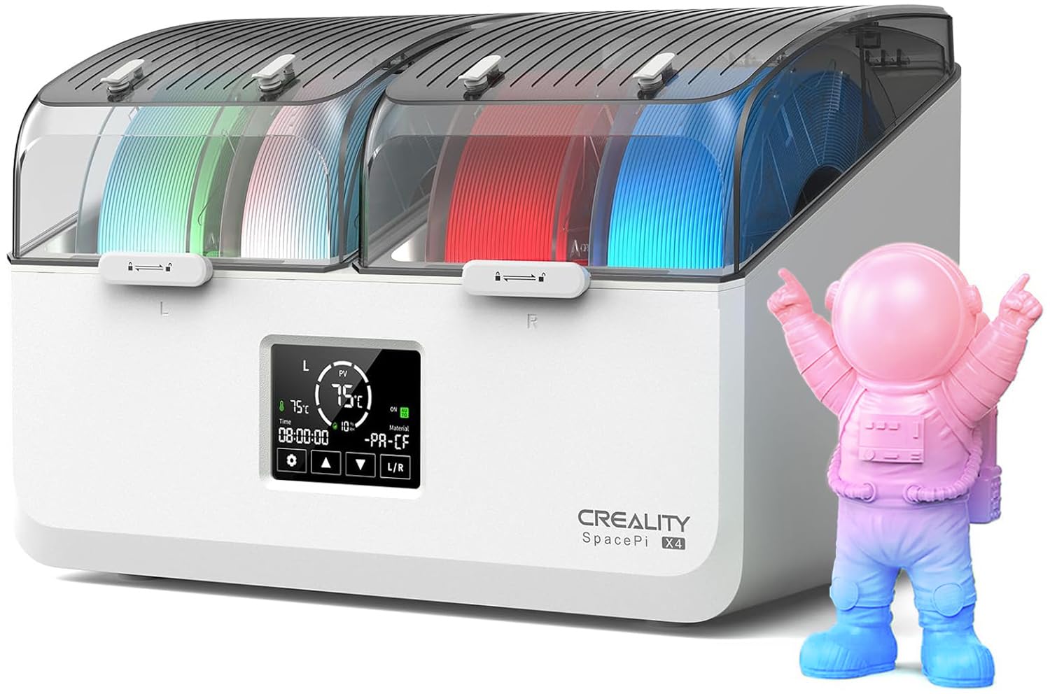 ・【デュアルゾーン精密制御】Creality SpacePi X4 Lite フィラメントドライヤーには、独立した PTC ヒーター（200W+200W）を搭載した 2 つの独立加熱チャンバーを採用。PLA、PETG、ABS、TPU、ナイロ...