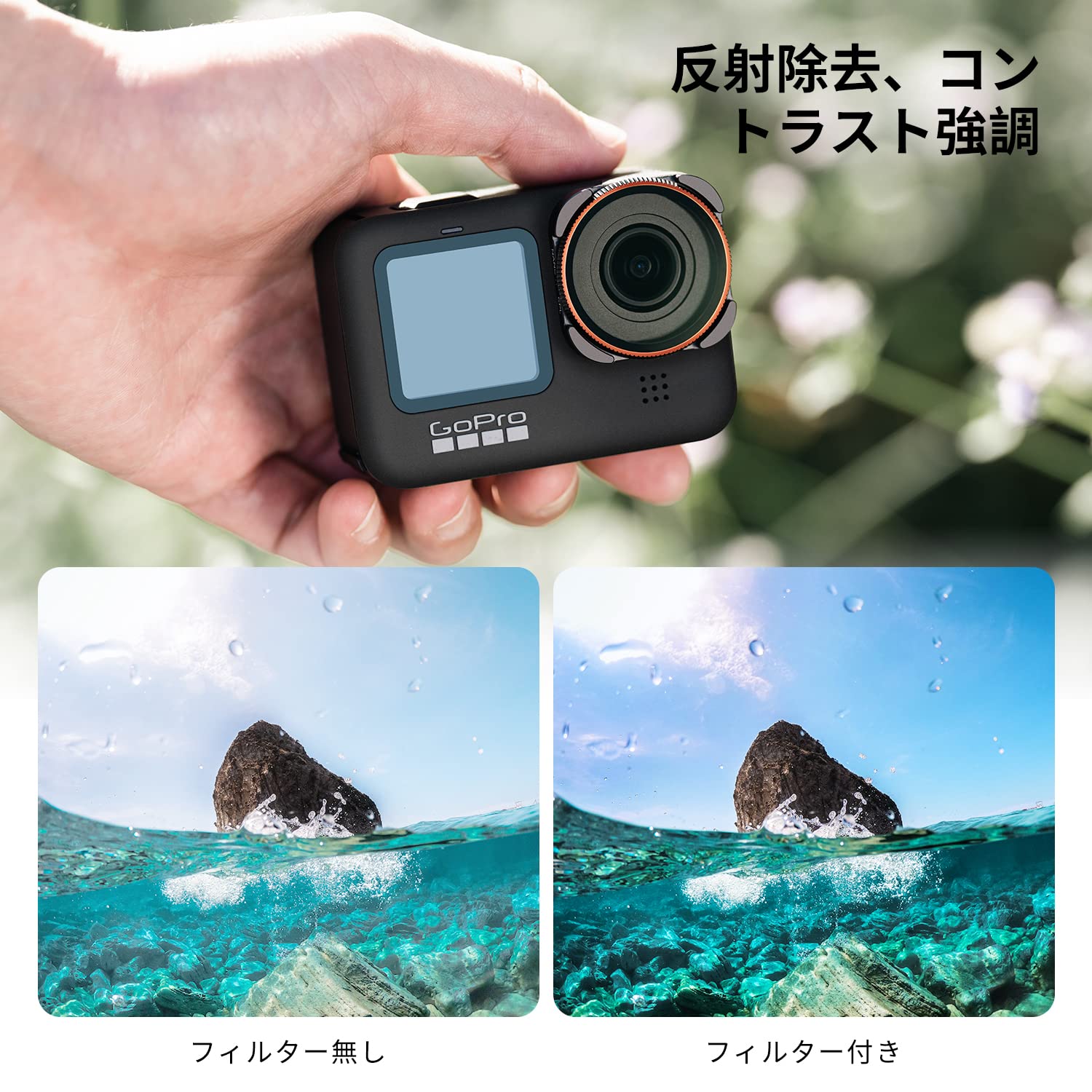 ・【GOPRO hero 9/10/11/12用フィルターセット】パッケージ内容は、ND8フィルター1枚、ND16フィルター1枚、ND32フィルター1枚、CPLフィルター1枚。GoPro Hero12、GoPro Hero11、Hero10...