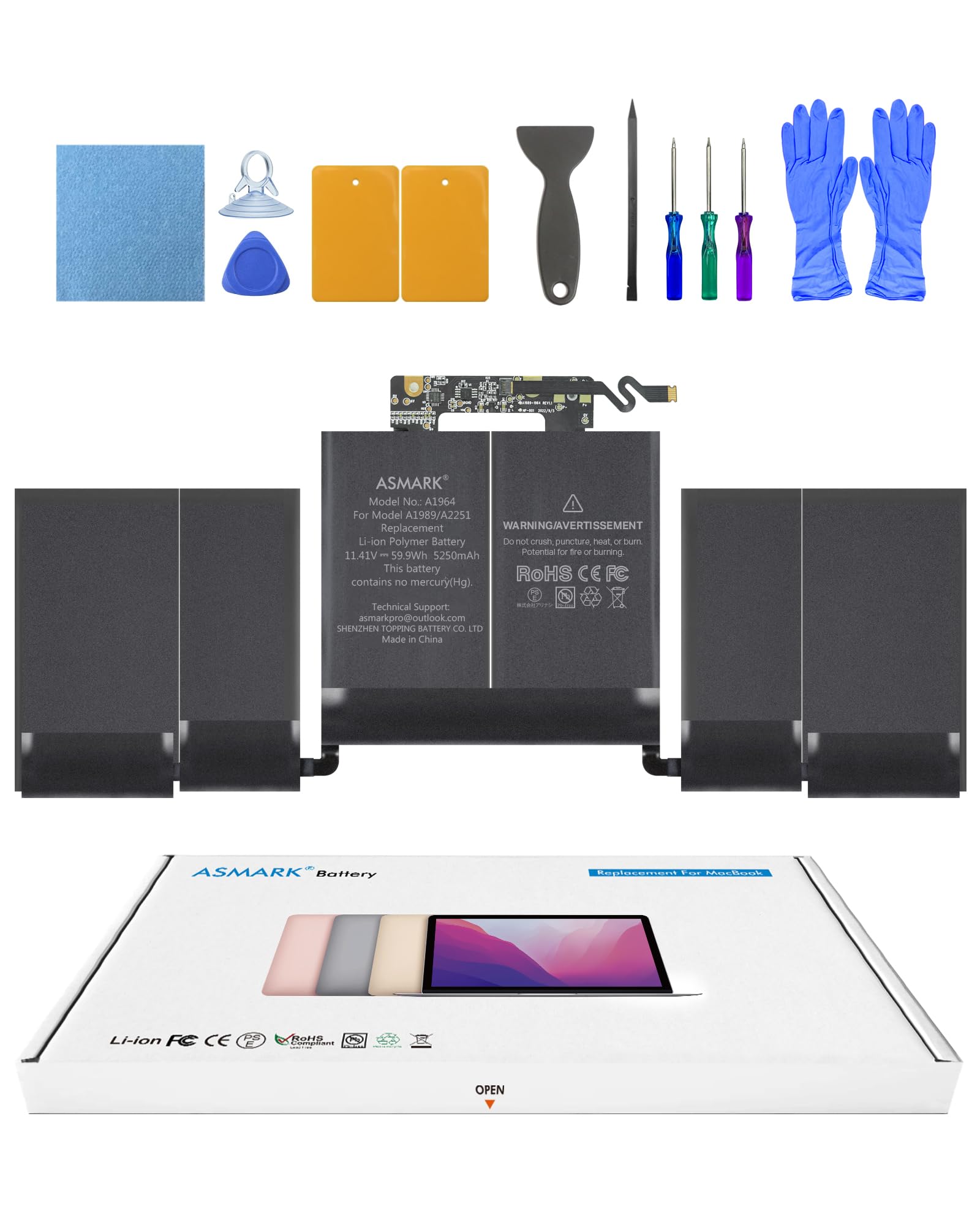 ・【バッテリーモデル】A1964、満充電容量：59.9Wh 5250mAh、電圧：11.41V、対応機種：MacBook Pro 13インチ A1989（2018年、2019年）/A2251(2020年）。・【高度な品質】全新しい5.0テク...