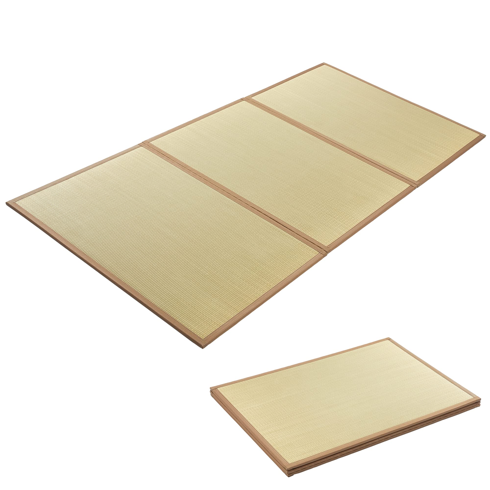 ・【仕様】ユニット畳の3連タイプ、折りたためるい草マットレスです；サイズ:約100x210cm；厚み:約1.5cm；表地：い草(無染土)；織り方:二二目織り；中材:黄麻(ジュート)；裏地：ポリエステル不織綿（滑り止め付き)；縁：PE。・【貴...