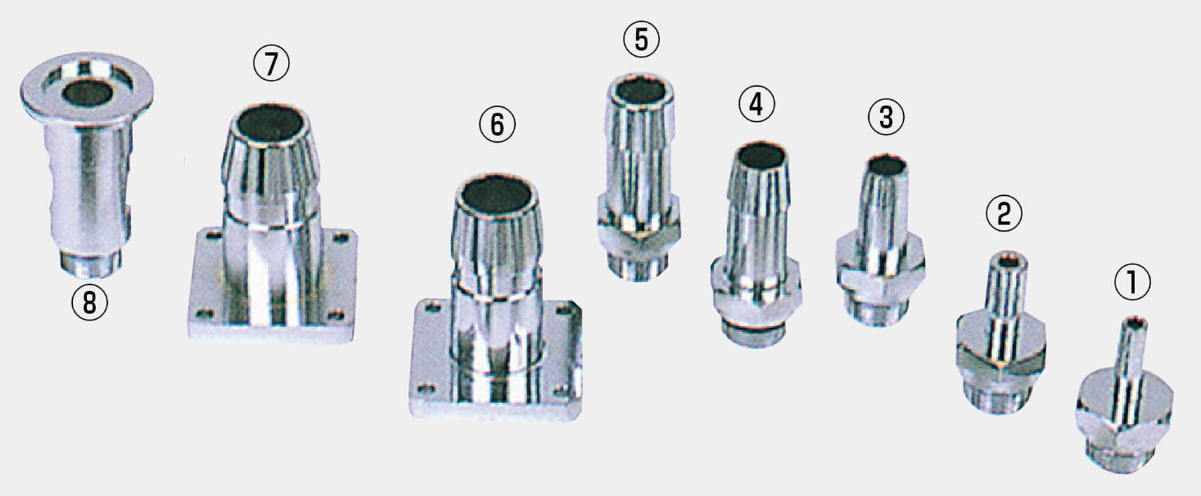 写真：3規格：M20×P1×φ15材質：BS（真鍮）＋メッキ主要適合機種：G-5DA、10DA、25SA、20DA、50SA、50DA