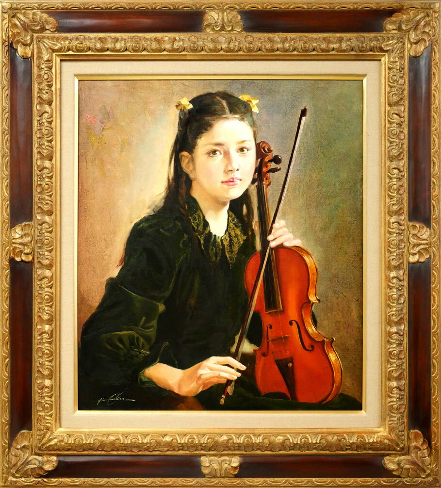 商品詳細 【　作者　】　奥　龍之介(オク　リュウノスケ) 【タイトル】　バイオリンの少女 【　技法　】　油絵・キャンバス 【作品寸法】　F10号（縦53.0×横45.5cm） 【額縁寸法】　縦77×横69.5cm 【作品状態】　良好 【額縁...