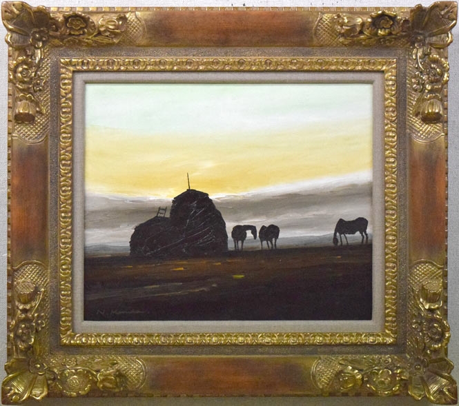 商品詳細 【　作者　】　神田　日勝(カンダ　ニッショウ) 【タイトル】　風景 【　技法　】　油絵・キャンバス 【作品寸法】　F8号（縦37.9×横45.5cm） 【額縁寸法】　縦60.5×横68cm 【作品状態】　良好 【額縁状態】　良好 ...