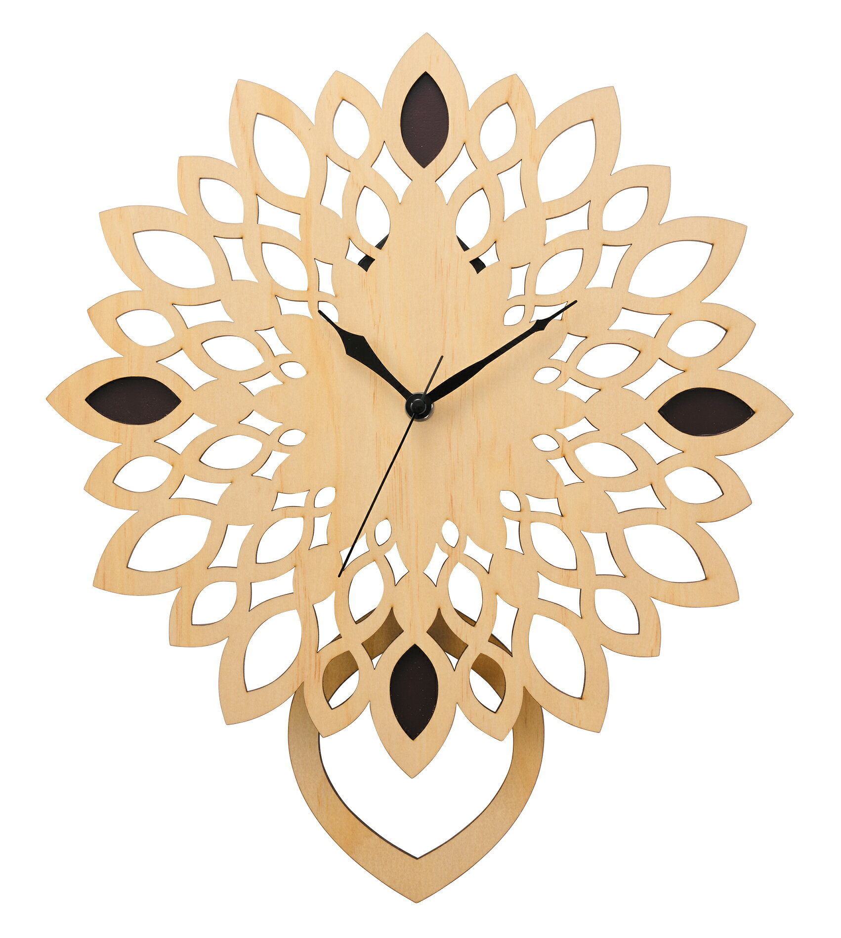 木製振り子時計 サイズ：w340×H400×D57mm 材質：MDF材・スチール・プラスチック 重量：約400g 時計：単3乾電池×2本使用 ※電池は別売りです。 ※スロースイング振り子