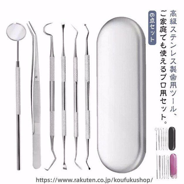 高級ステンレス製歯用ツール、ご家庭でも使えるプロ用セット。自宅で本格汚れ除去、充実の6点セット。初心者にも安全安心の高級ステンレス製。自宅で手軽に 食べかす、歯石、歯垢、虫歯、色素沈着に、本格的な口内ケアを。ワンちゃんの健康維持に大事な犬歯...