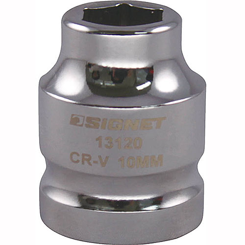 【特長】 ●ソケットの全長はわずか28mm（SIGNET従来品より10mm短い）、狭い場所での作業に最適。 ●吊り下げタグ付。 ●ミラー仕上げのメッキが美しいショートソケット。 ●六角タイプ。 【仕様】 ●差込角(DR)：1/2 ●ソケット...