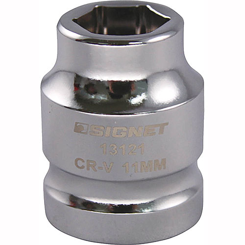 【特長】 ●ソケットの全長はわずか28mm（SIGNET従来品より10mm短い）、狭い場所での作業に最適。 ●吊り下げタグ付。 ●ミラー仕上げのメッキが美しいショートソケット。 ●六角タイプ。 【仕様】 ●差込角(DR)：1/2 ●ソケット...