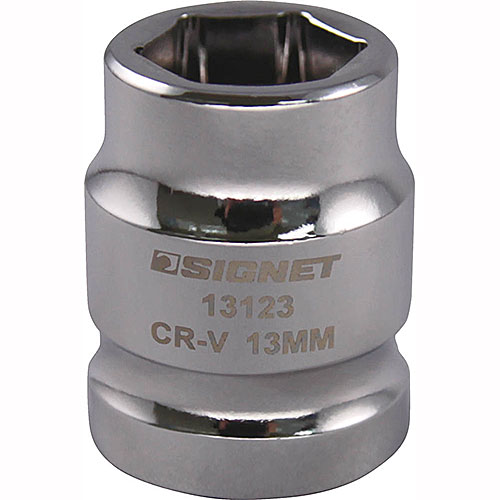 【特長】 ●ソケットの全長はわずか28mm（SIGNET従来品より10mm短い）、狭い場所での作業に最適。 ●吊り下げタグ付。 ●ミラー仕上げのメッキが美しいショートソケット。 ●六角タイプ。 【仕様】 ●差込角(DR)：1/2 ●ソケット...