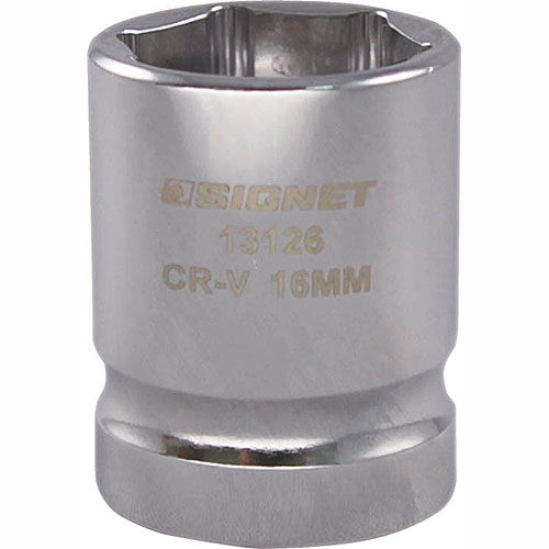 【特長】 ●ソケットの全長はわずか28mm（SIGNET従来品より10mm短い）、狭い場所での作業に最適。 ●吊り下げタグ付。 ●ミラー仕上げのメッキが美しいショートソケット。 ●六角タイプ。 【仕様】 ●差込角(DR)：1/2 ●ソケット...