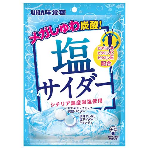 【特長】 ●しゅわしゅわ感がクセになる ●後味スッキリ塩サイダーキャンディ 【用途】 ●暑さで失われる塩分の補給に 【仕様】 ●風味：サイダー ●水飴(国内製造)、砂糖、果糖ぶどう糖液糖、植物油脂、エリスリトール、食塩/酸味料、重曹、甘味料...