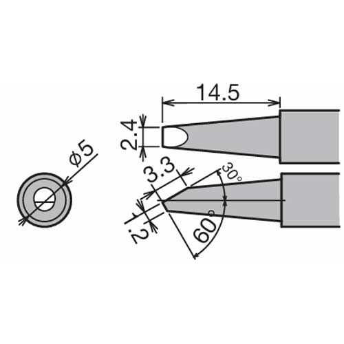 【特長】 ●効率的に部品と基板に熱が伝わる直角タイプ 【仕様】 ●こて先タイプ：2.4mm幅直角型 ●適合機種：PX-280/280E, PX-211, PX-580, RX-780AS/780ASPH