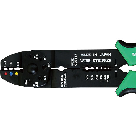 【特長】 ●グリップがモデルチェンジしました ●多機能型ペンチなので作業効率が上がります 【仕様】 ●絶縁端子用 ●適用端子(mm2)：絶縁端子　1.25　2.0　5.5 ●全長：225mm ●質量：240g 【納期】 メーカーに在庫があれ...