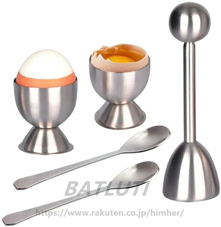 卵を打つ器：3.8cm *13.7cm*1、スプーン：11.8*2.6cm*2、卵カップ：4.5*4.6cm*2。 材質：ステンレス鋼。 卵の殻を綺麗かつスムーズにカット出来ます！付属のエッグスタンドは、殻を割る時以外にも使えてとても便利で...