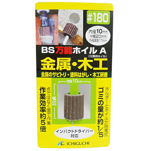 【用途】金属のサビトリ・塗料はがし、木工研磨。【機能】力強い研削で作業スピードが向上し、先端を交換することで作業用途が拡大します。【仕様】●サイズ：内径10mm×幅20mm。●外径目安：17mm。●粒度：180。●最高使用回転数：3000rpm。