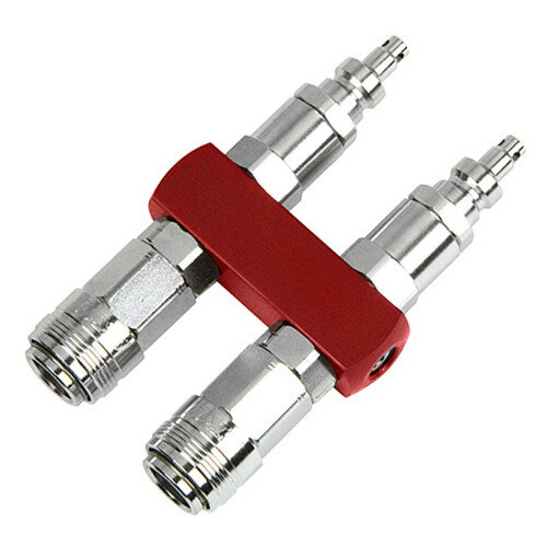 木造在来工法やツーバイフォー工法で建築用高圧釘打機の空気流量不足を解消できます。【用途】建築用高圧コンプレッサー連結効率化継ぎ手。【機能】2台の高圧エアコンプレッサーからのホースを連結・分岐し作業効率をアップします。　　　　市販の建築用高圧...