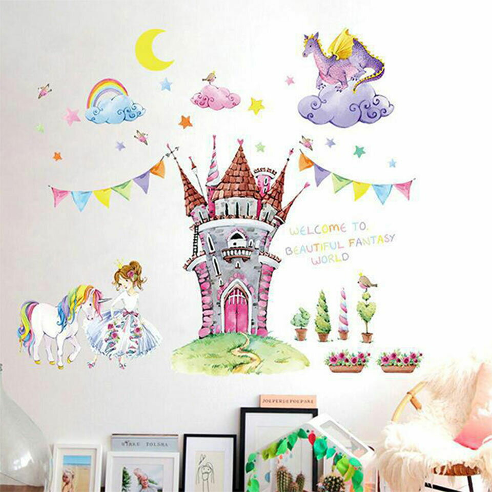 【商品名】ウォールステッカー お城 ユニコーン 花 星 雲 女の子 キャッスル ドラゴン かわいい カラフル [ファンタジーワールド] 貼ってはがせる 北欧 インテリアシール はがせる 剥がせる ステッカー シール おしゃれ 簡単リメイク ...