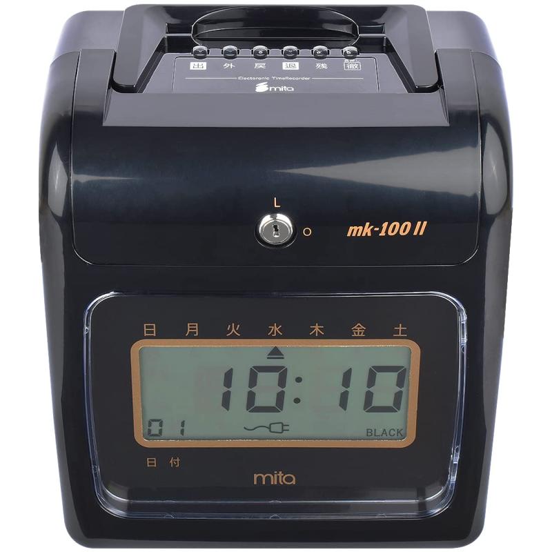 mita 電子 タイムレコーダー ブラック mk-100II < 本体 一年 > タイムカード 50枚付 安心設計 不正防止 カバー開閉鍵付き → 改ざん目的など故意の時間変更や設定の変更を防止可能 自動欄移動 出勤や退出の印字...