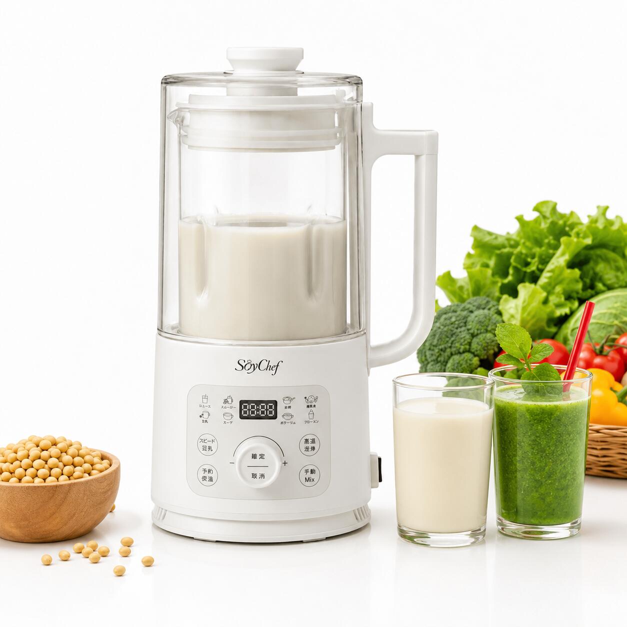 商品名SoyChef（ソイシェフ） 品番SC-01-01 本体サイズ192 × 162 × 328mm 本品重量1.78kg 容量Hot Max 0.8L / Cold Max 1L 電源AC100V 50Hz/60Hz 定格出力加熱 50...