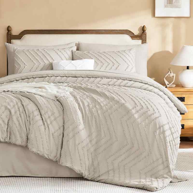 Comforter King Size Set with Sheets Beige - 7 Pieces Bed in a Bag King Chevron Tufted Complete Beddding Sets with Comfor...