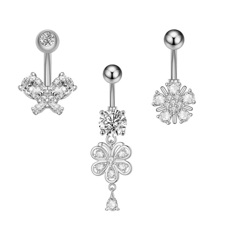 [Aroncent] へそピアス 14g ボディピアス 3点セット ステンレス おしゃれ キラキラ 可愛い 蝶 ちょう お花 へそピ 金属アレルギー対応 シルバー ローズゴールド レディース ファッション アクセ