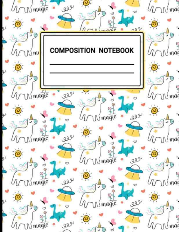 Unicorn Dinosaur Composition Notebook: Baby Dinosaur From Alien Spaceship Meet With Unicorn Pattern Wide Ruled Paper Lin...