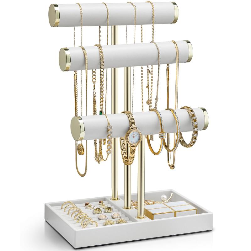 Vlando アクセサリースタンド 3段 ネックレススタンド PUレザー アクセサリー収納 ブレスレット ハングル ネックレス リング 誕生日プレゼント 女性用（アイボリー）【アクセサリーをすっきり整理】このアクセサリースタンドは、ネックレ...