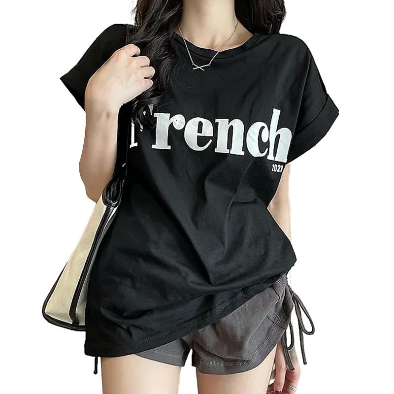 [MEME XTRA] tシャツ レディース 半袖 ロゴプリント トップス ブラウス フレンチスリーブ 大きいサイズ 丸襟 ゆったり 体型カバー ストリート オフィス 日常着 春 夏