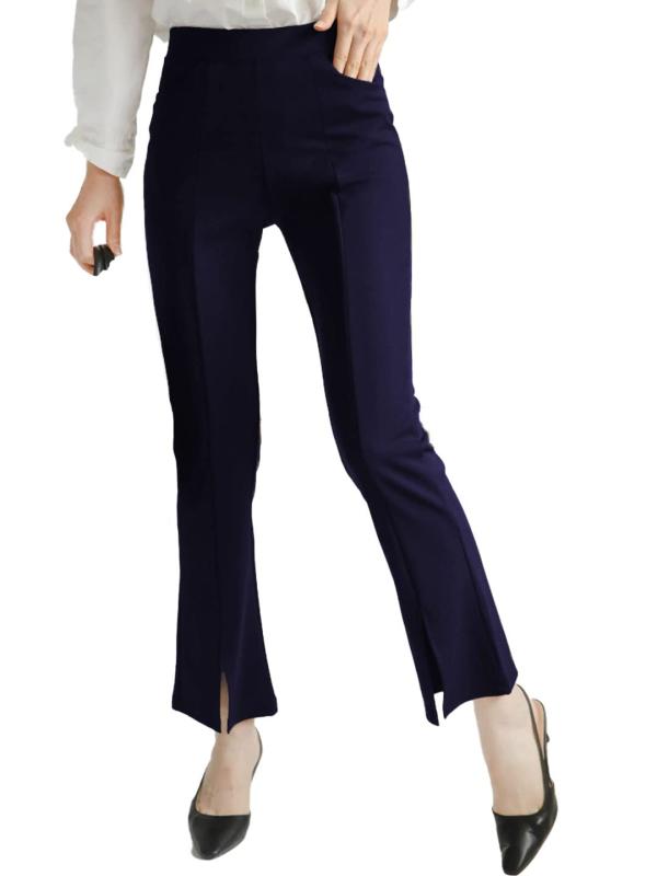 [WATAKUMO]2104COOLブーツカット レディース フロントスリットパンツ ストレッチパンツ ズボン ロング ハイウエスト ウエストゴムフレアパンツ フレアパンツ 【OL 通勤 普段着】ストレッチ ポケポリエステル素材のロングフレ...