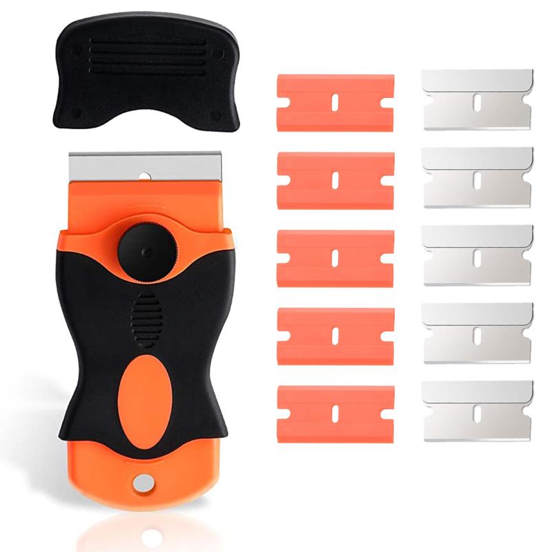 Vitzee プラスチックスクレーパーシールはがしヘラ＋5枚プラスチックブレード＋5枚スチールブレード 替え刃式シール剥がしヘラ ガラス掃除 お風呂 キッチン 車検カーボンシールはがし プラスチックスクレーパーシート剝がしヘラ：ガラス窓の目...