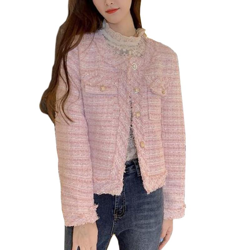 [Muzly] ジャケット ツイード ノーカラー アウター レディース カジュアル フォーマル 卒業式 入学式 スーツ 春 秋 冬【すっきりとしたノーカラーデザイン】コンパクトなシルエットが特徴のクラシカルな雰囲気を漂わせるノーカラーツイー...