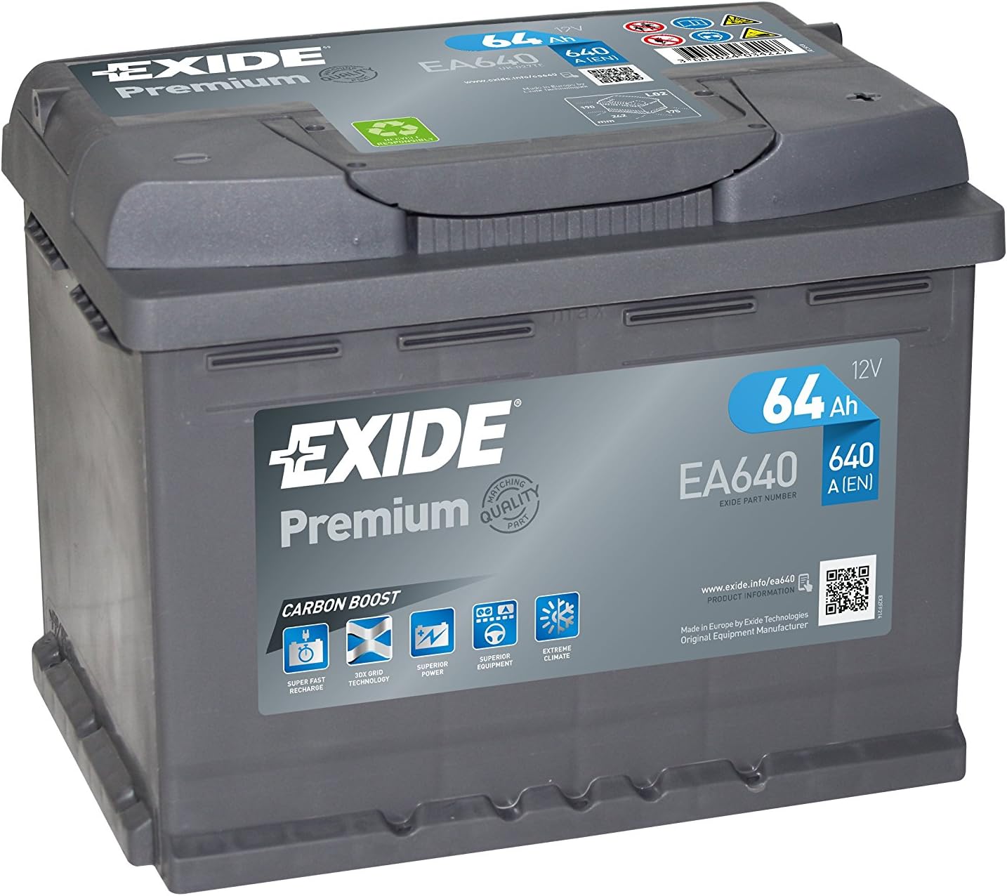 EA640-L2 EXIDE エキサイド 輸入車バッテリー LN2 . ●マーケットニーズに合わせた品質、性能を高次元で融合させたメンテナンスフリーバッテリー●長寿命化を実現した3DXグリッド採用●高容量(Ah)、高始動性能(CCA)●高性...