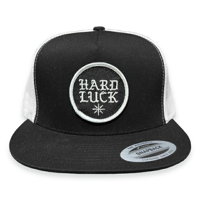 HARD LUCK ハードラック OLD HAND CIRCLE PATCH TRUCKER MESH CAP メッシュキャップ BLACK/WHITE デコPATCH SIZEは後ろアジャスターで調整可　